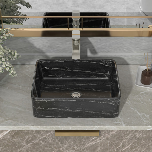 Beslend 14.5in Black/White Marble Ceramic Rectangular Bathroom Sink ...